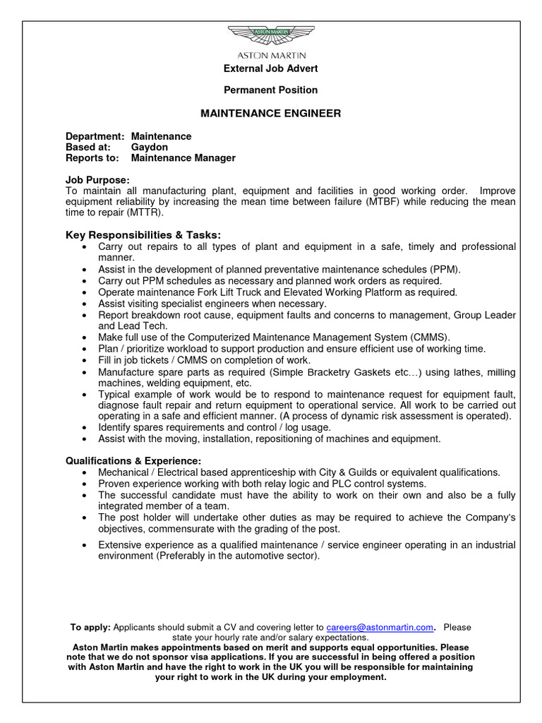 Maintenance Engineer | PDF | Reliability Engineering | Engineering