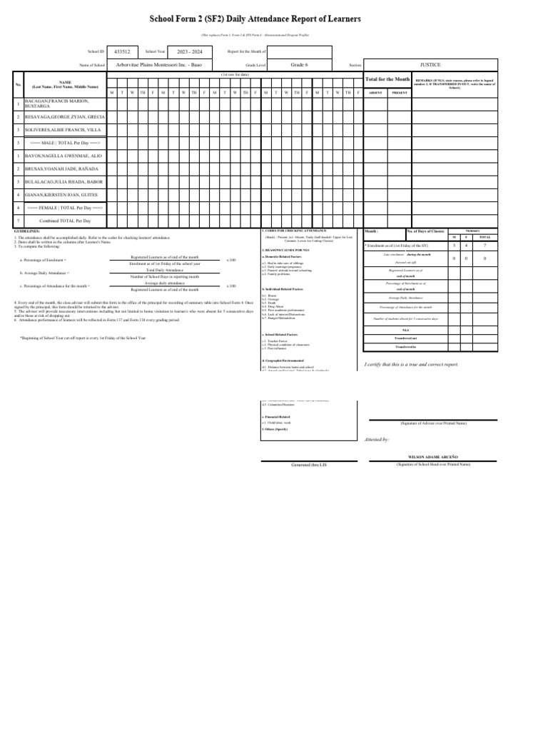 SF2 - 2023 - Grade 6 - JUSTICE | PDF | Family | Human Development