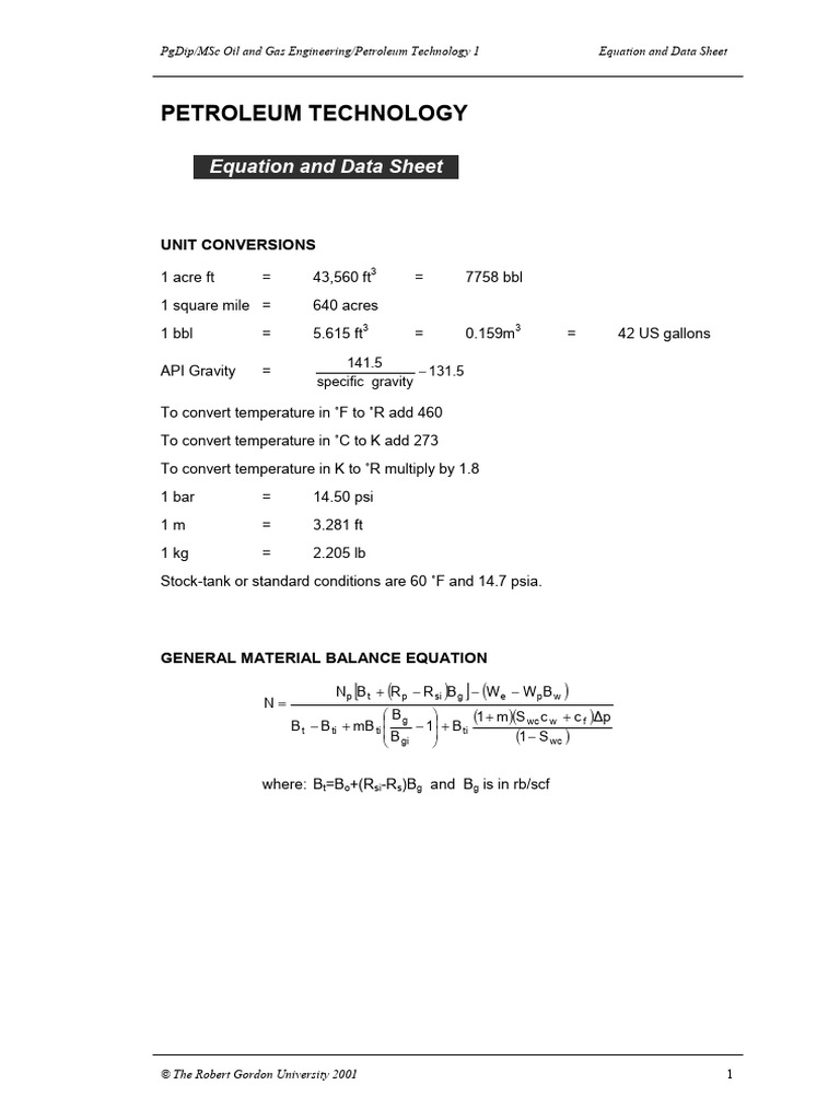 Equationsheet Petroleum Technology | PDF | Propane | Barrel (Unit)