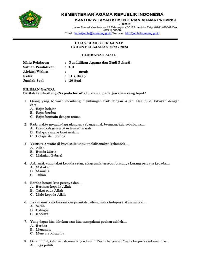2 - KLS Ii - SMSTR Genap 2023-2024 - Lembar Soal Agama Katolik | PDF