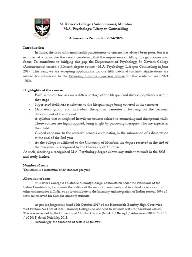 St. Xavier's M.A. Psychology Admissions 2024 | PDF | Multiple Choice ...