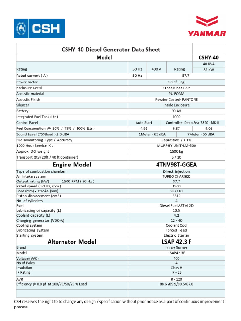 40KVA DATA SHEET With ATS | PDF | Acoustics | Sound