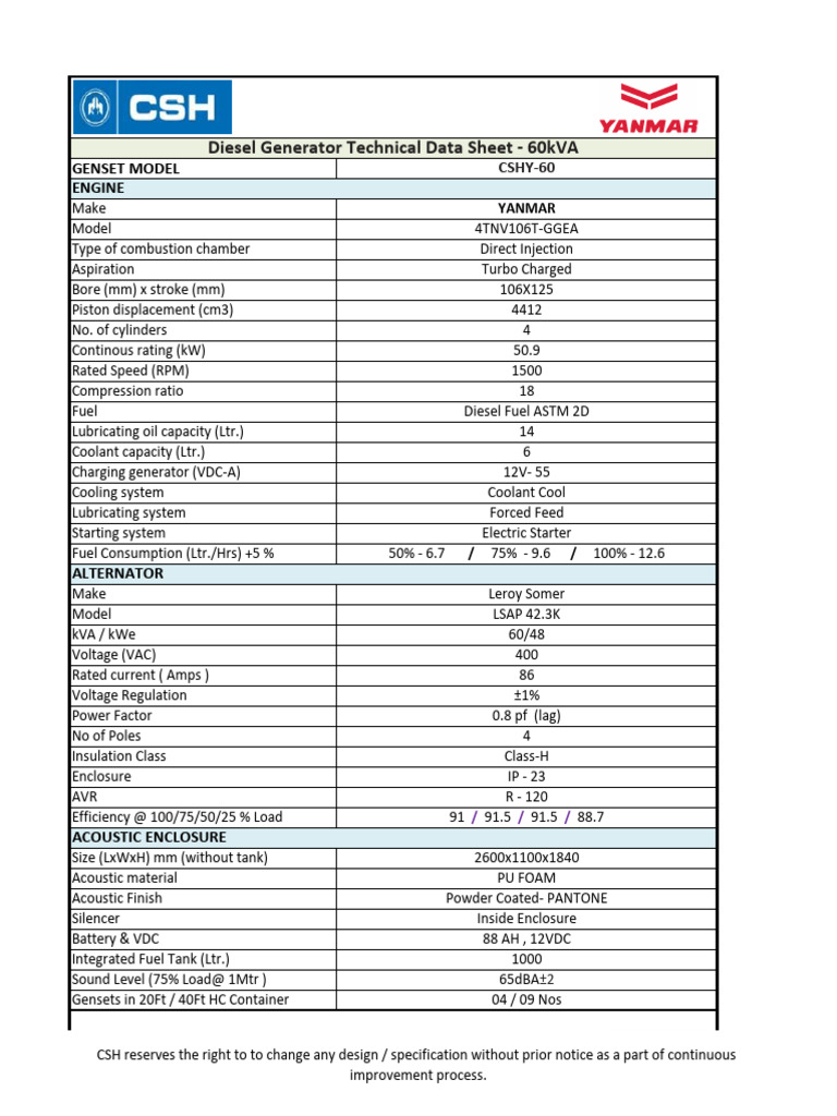 60kVA Diesel Generator Specifications | PDF | Diesel Engine | Electric ...