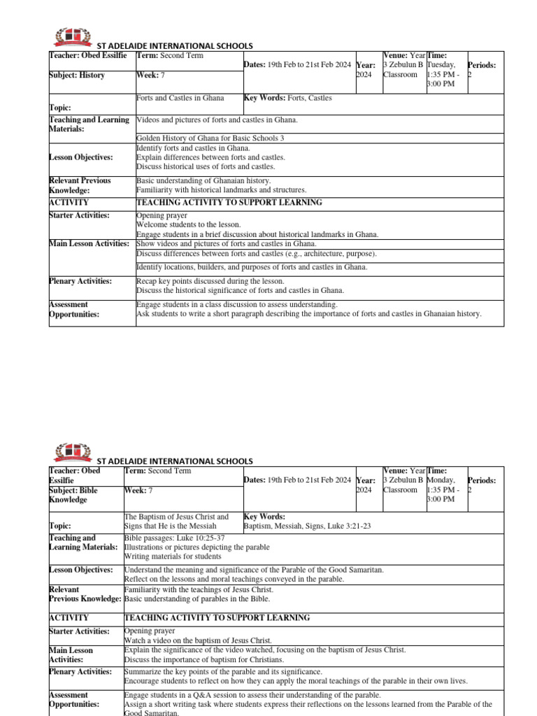 Lesson Plan History Geography And Bible Knowledge Year 3B Week 6