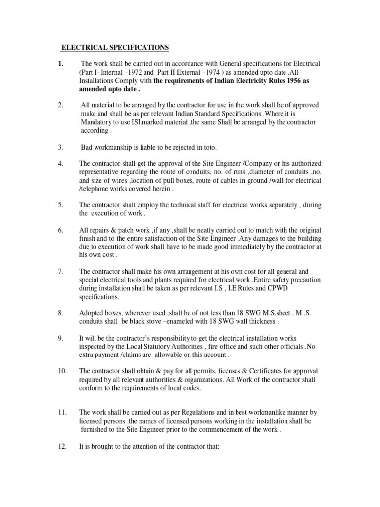 eTRICAL wORK SPECIFICATION | PDF | Electrical Wiring | Switch