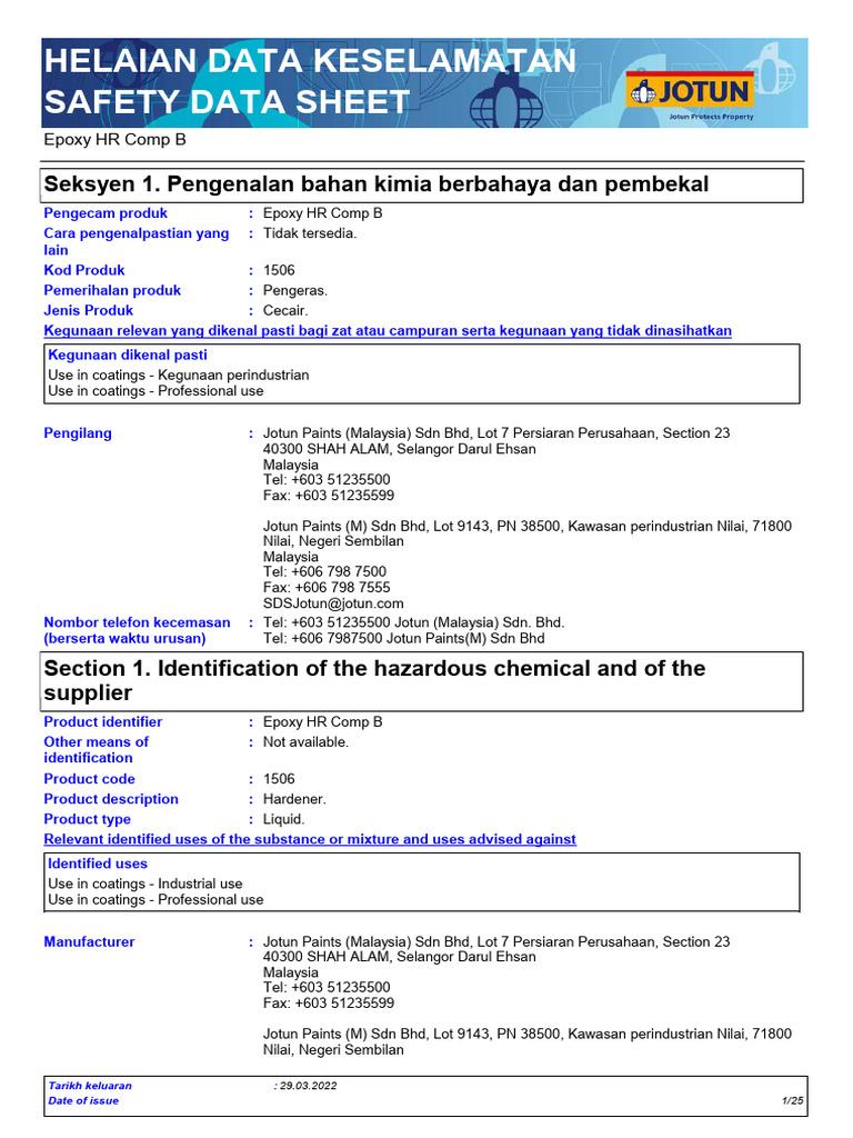 SDS 1506 Epoxy HR Comp B MSL Euk MY | PDF