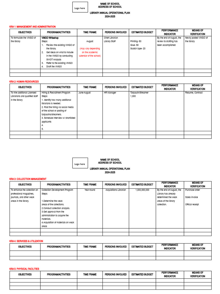 Template_Annual Operation Plan | PDF | Libraries | Librarian