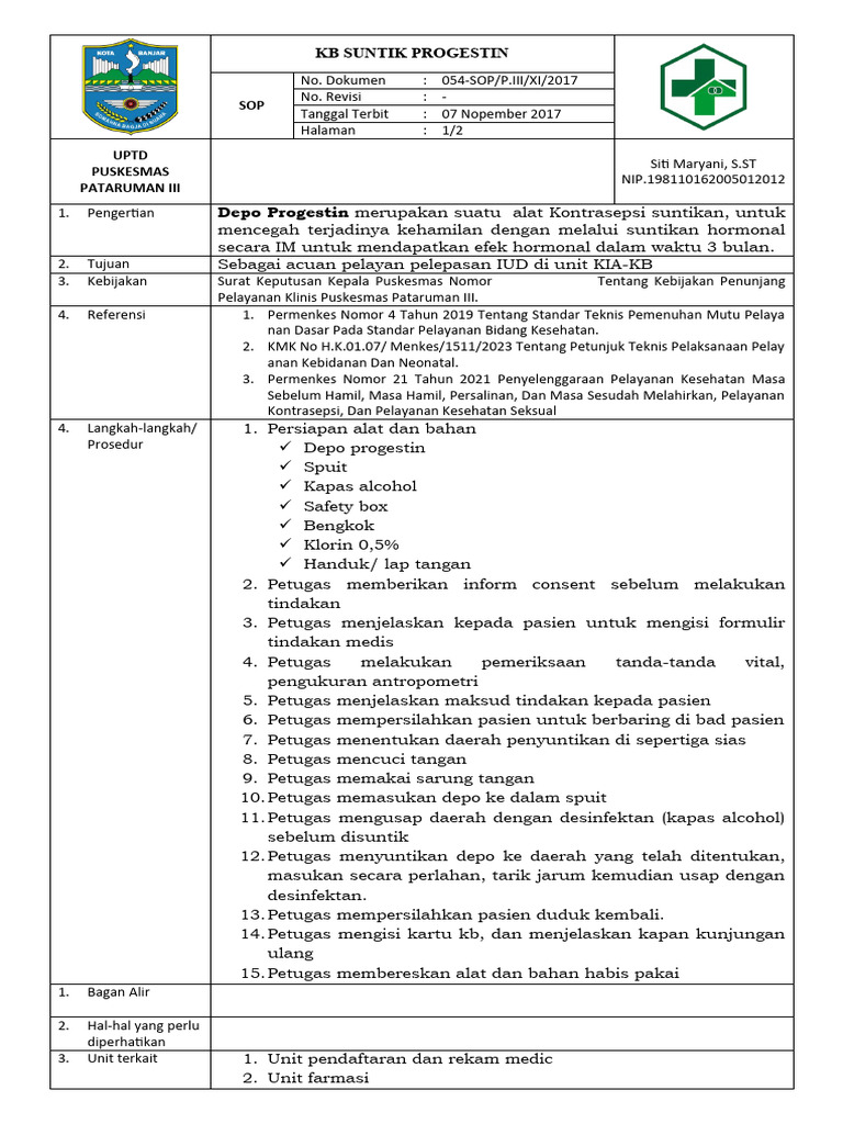 Prosedur KB Suntik Progestin Puskesmas | PDF