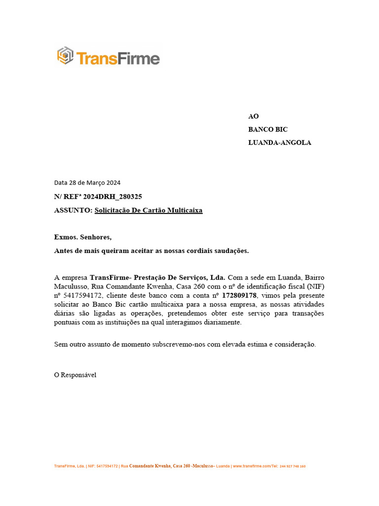 Solicitação de Cartão Multicaixa BIC | PDF | Finanças e Administração ...