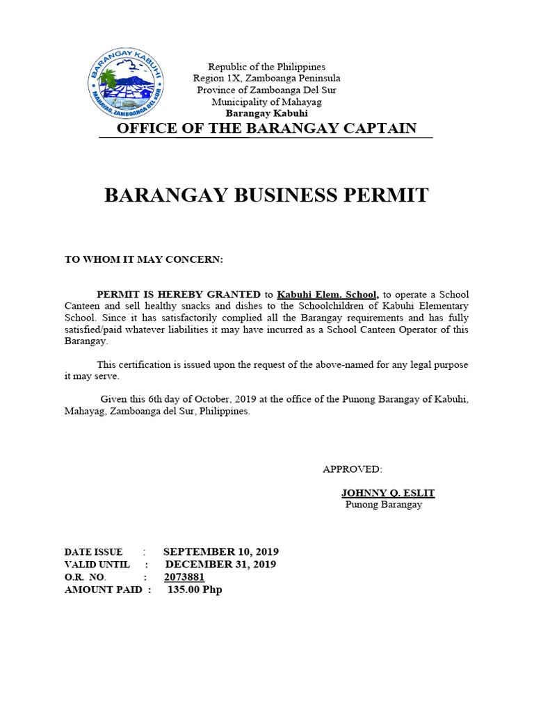 Barangay Permit - School Canteen | PDF | Wellness