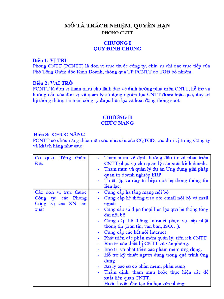 1 Mo Ta Chuc Nang, Nhiem Vu Va Quyen Han Phong CNTT | PDF