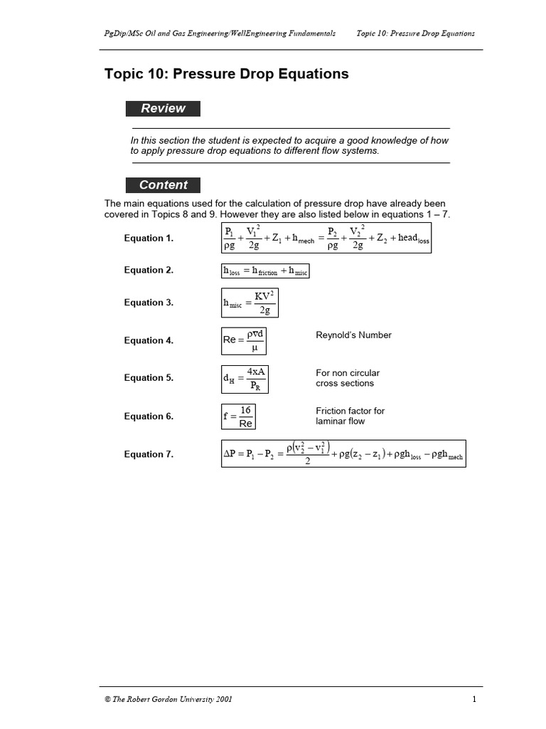 Topic 10 - Pressure Drop Equations | PDF | Fluid Dynamics | Pressure