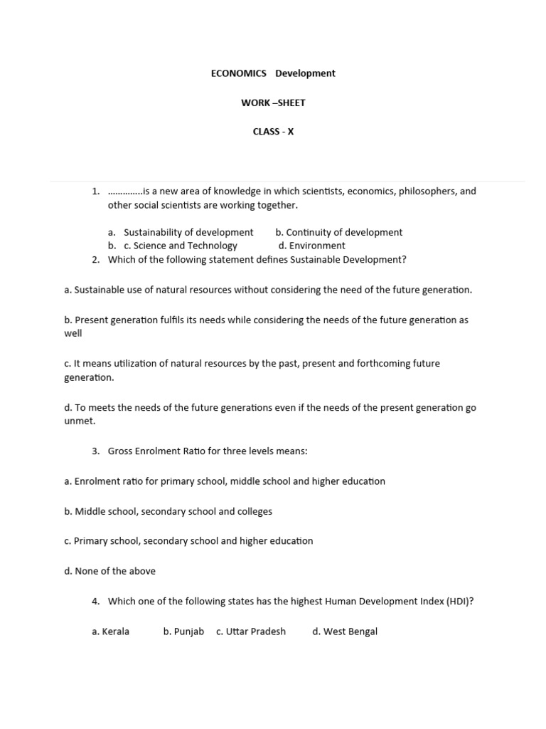 Class X Economics Development Worksheet | PDF | Human Development Index ...