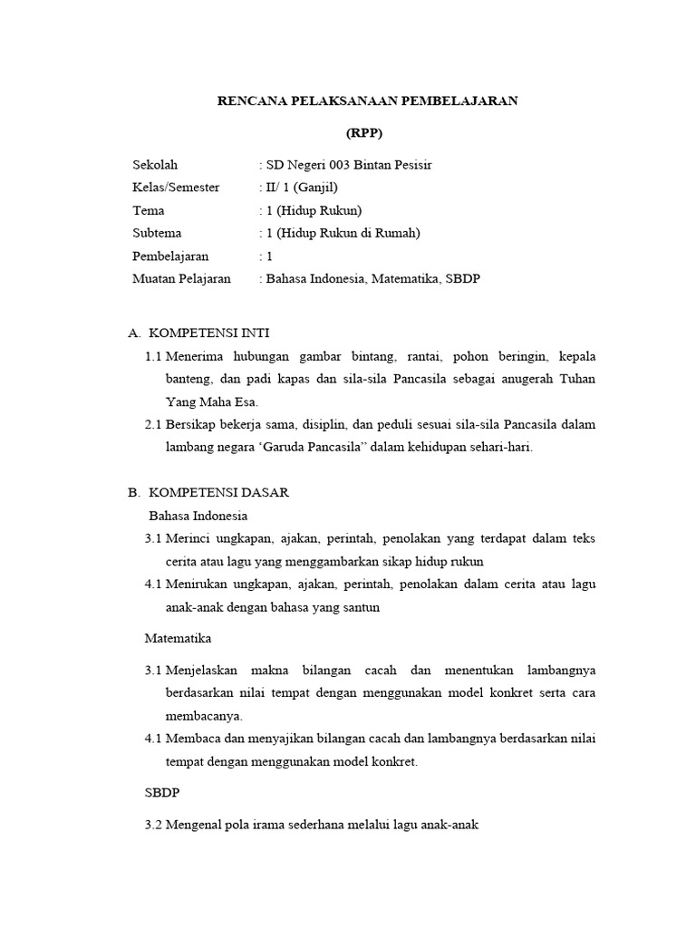 RPP Kelas 2 Tema 1 Subtema 1 PB 1 | PDF | Seni & Disiplin Bahasa | Kajian Bahasa Asing