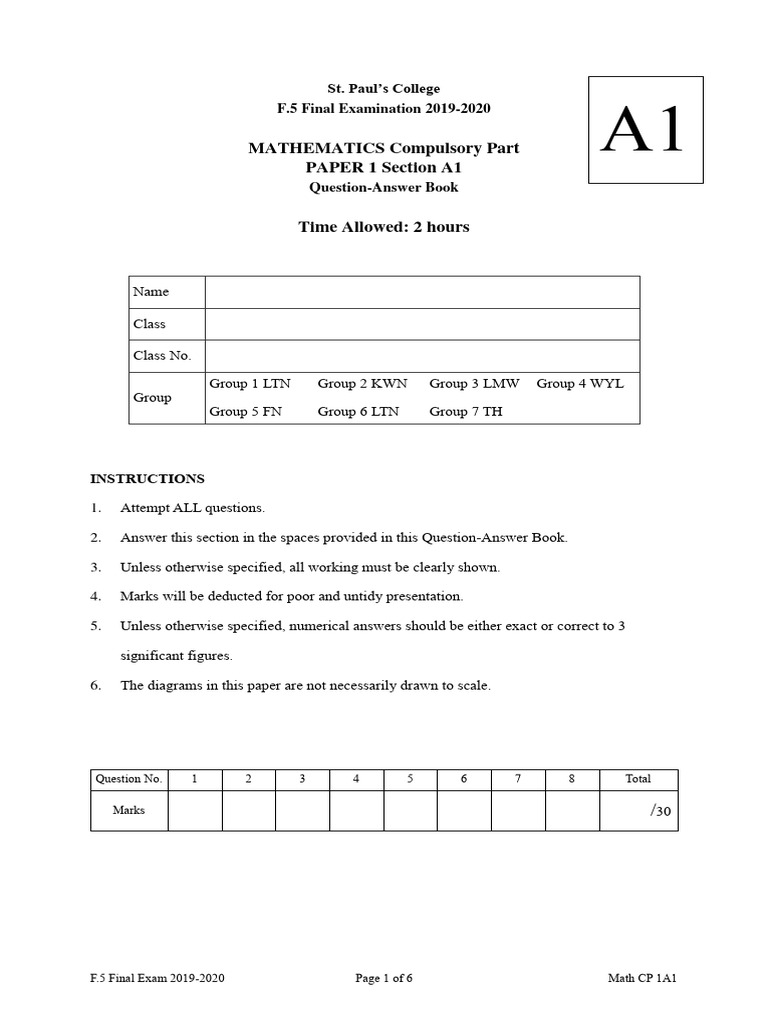 1920 F5 T2 Paper 1 Section A1 QAB | PDF | Mathematics