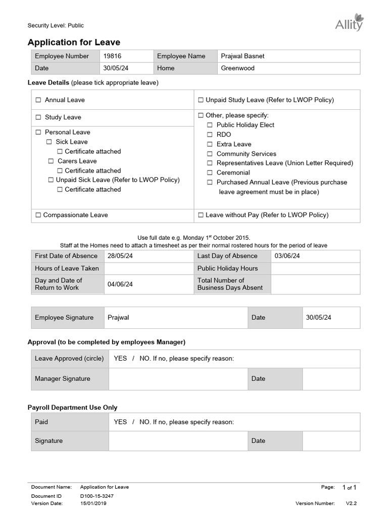 PAYROLL - Leave Form - Application For Leave | PDF | Sick Leave ...