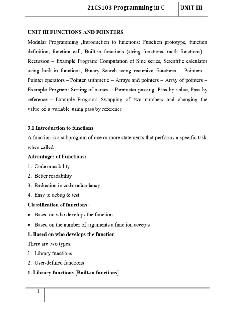 Unit Iii Functions And Pointers Pdf Parameter Computer Programming 8008