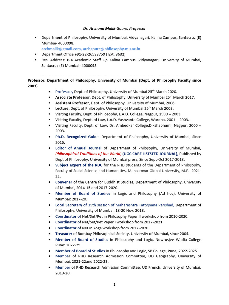 DR Archana Malik Goure Bio Data For Web 1 | PDF | Yoga | Yoga Sutras Of Patanjali