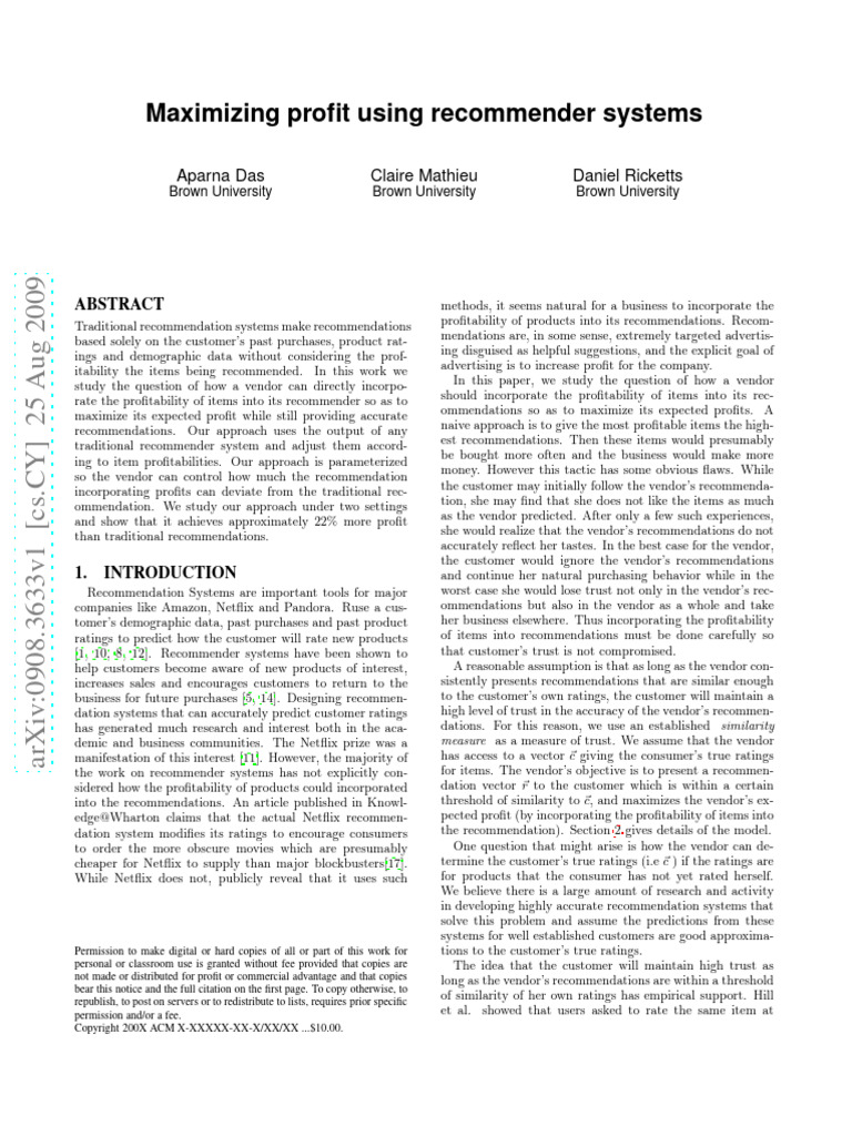 Das 2009 - Maximizing Profit Using Recommender Systems | PDF | Equations | Function (Mathematics)