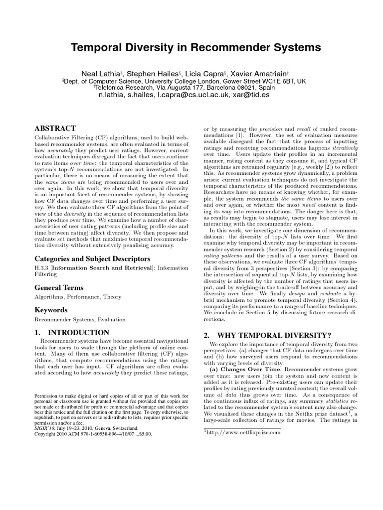 lathia 2010 - Temporal Diversity in Recommender Systems | PDF