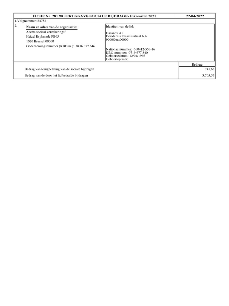 Fiche 281.90 - Teruggave Sociale Bijdrage | PDF