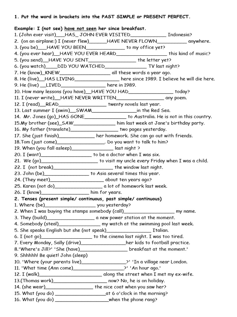 Present Perfect Past Tenses + Key | PDF