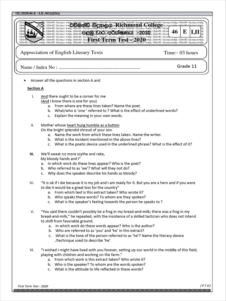 Grade 11 English Literary Texts Test | PDF | Foreign Language Studies