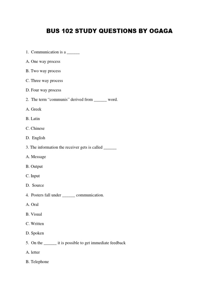 Bus 102 Study Questions by Ogaga-Converted-1 | PDF | Communication ...