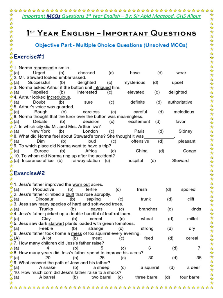 1st Year Eng. Imp. MCQs-1 | PDF | Multiple Choice