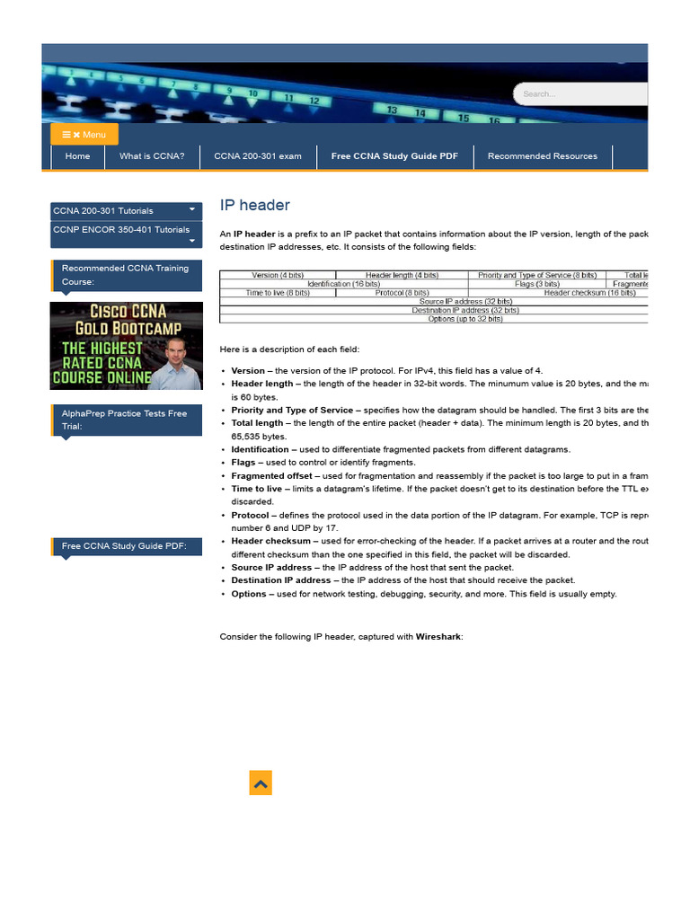 IP Header - Study CCNA | PDF | Internet Protocols | Ip Address