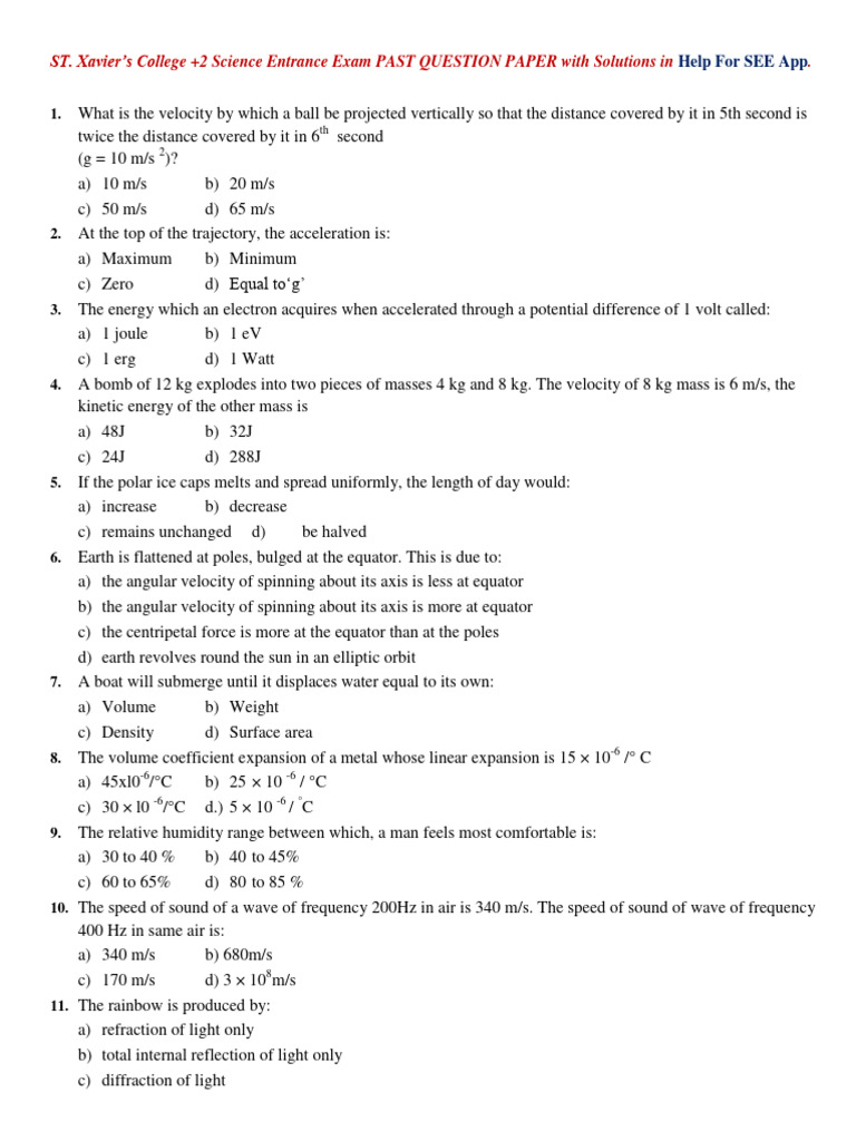 ST Xaviers College Entrance Exam PAST Question Papers 6 in Help For SEE ...