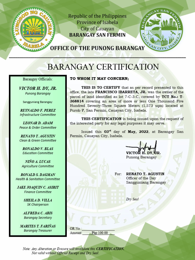 Certification (Land Ownership) - Francisco Ibarreta, Jr. | PDF