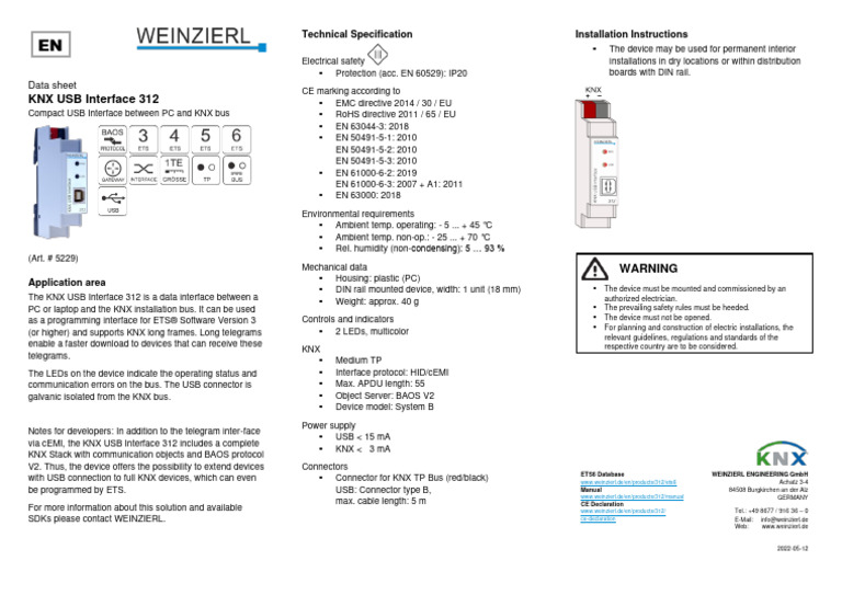 weinzierl-312-knx-usb-interface-5229-datasheet-en | PDF | Usb | Electronics