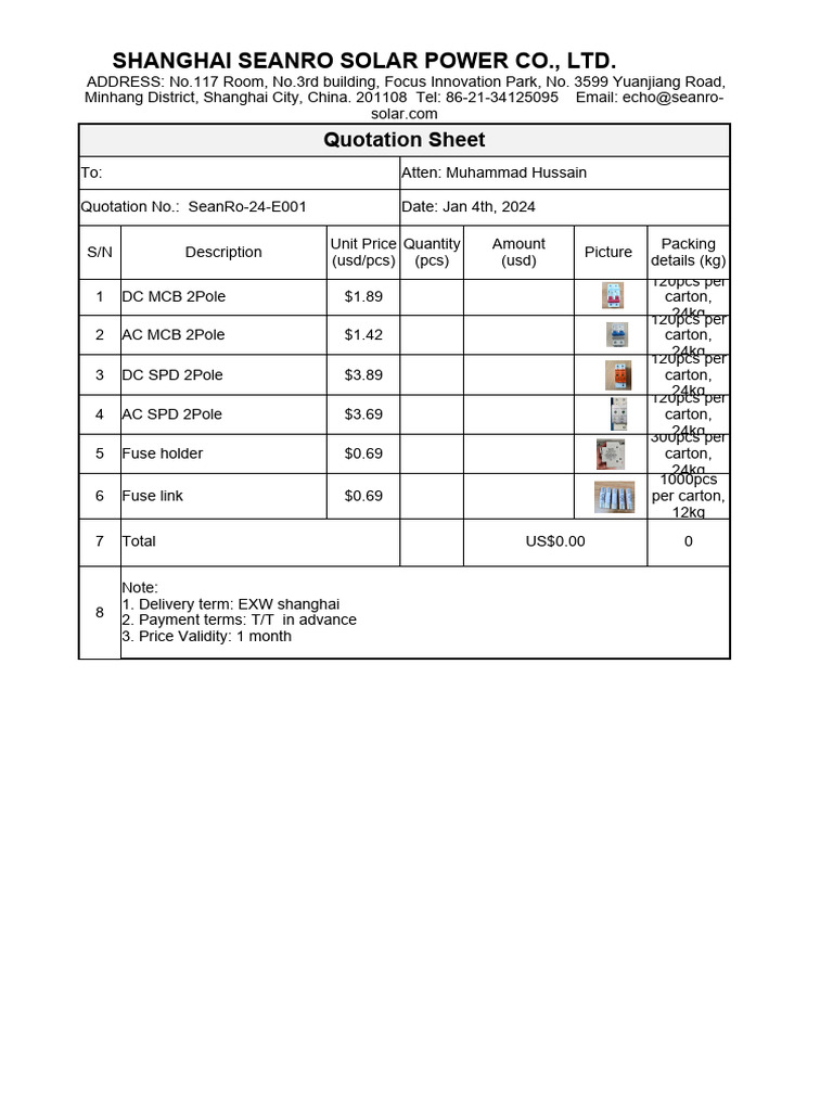 Quotation Sheet of Solar Products From SeanRo | PDF