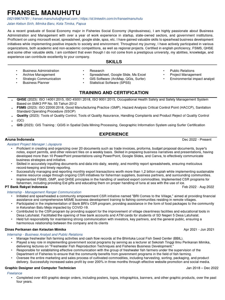 CV Fransel Manuhutu Adm | PDF | Hazard Analysis And Critical Control Points | Geographic ...