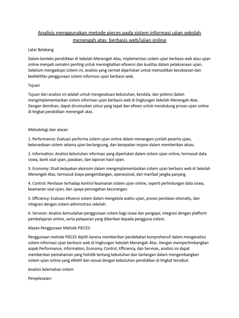 Analisis Menggunakan Metode Pieces Pada Sistem Informasi Ujian Berbasis ...