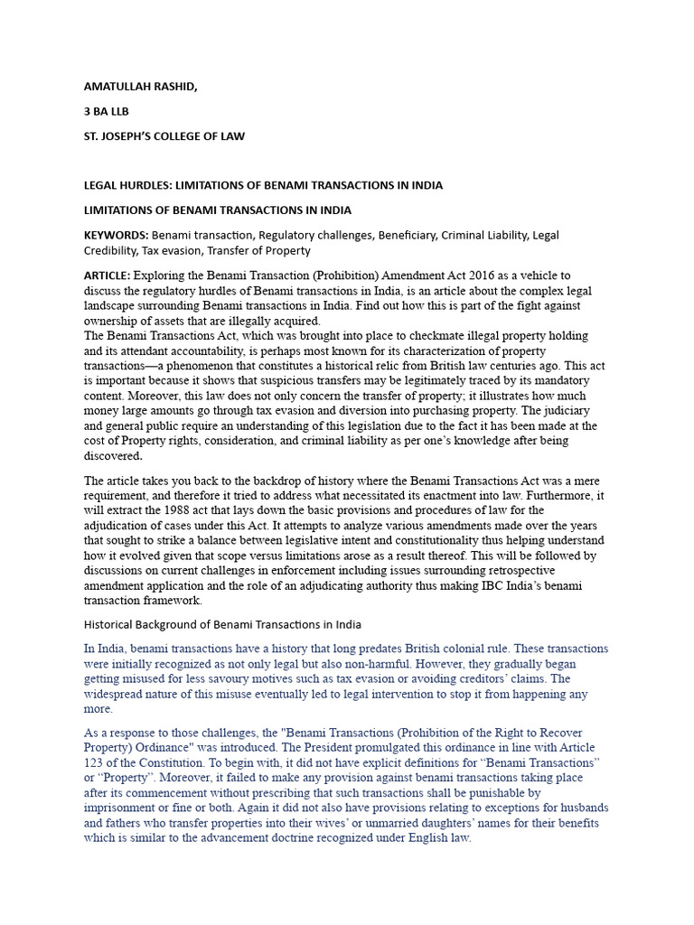 Amatullah Rashid Article On Benami Transactions | PDF | Property | Ex Post Facto Law