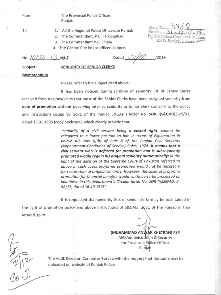 Seniority of Senior Clerks | PDF