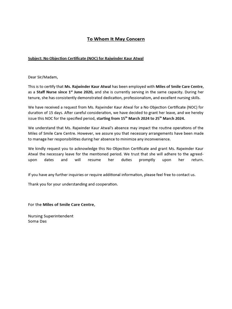 NOC for Rajwinder Kaur Atwal's Leave | PDF | Finance & Money Management