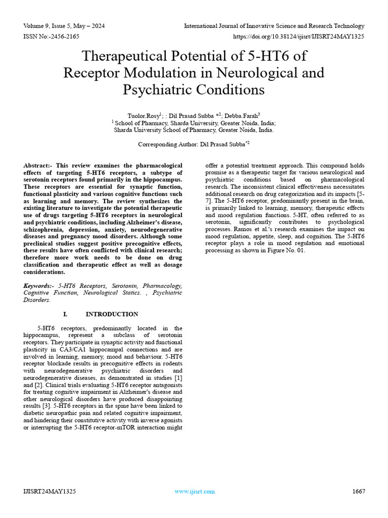 Therapeutical Potential of 5-HT6 of Receptor Modulation in Neurological ...