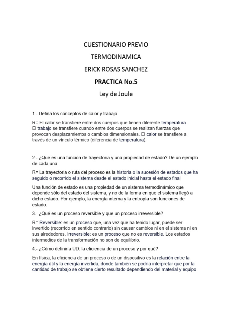Cuestionario Previo Prac 5 Erick Rosas Sanchez PDF | PDF | Calor | Termodinámica