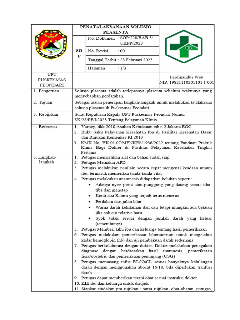 Sop SOLUSIO PLASENTA Fix | PDF