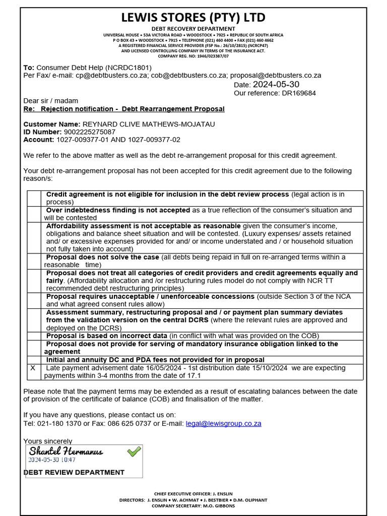 Rejection Letter | PDF | Debt | Business Law