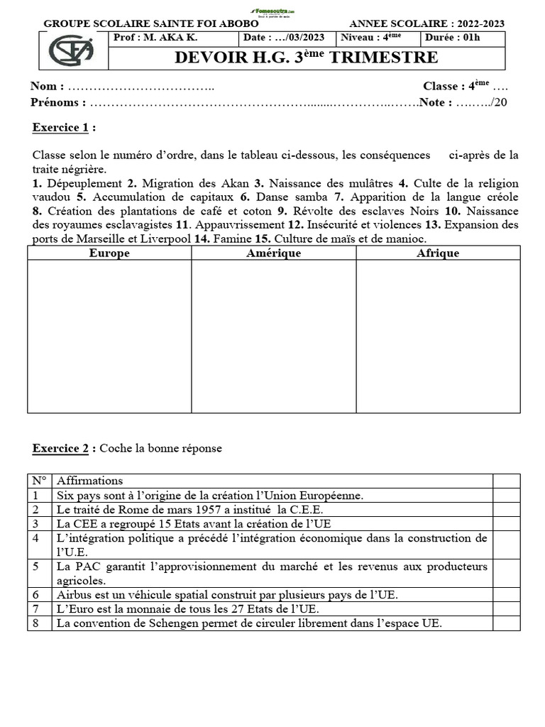 HG 4ème Exercice | PDF