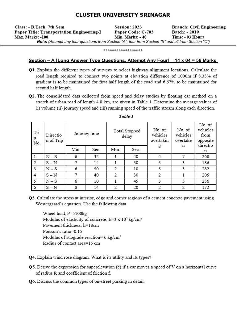 Transportation Engineering Exam Paper 2023 | PDF | Percentile | Road