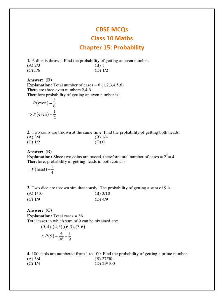 cbse-class-10-maths-chapter-15-mcqs | Download Free PDF | Odds | Probability