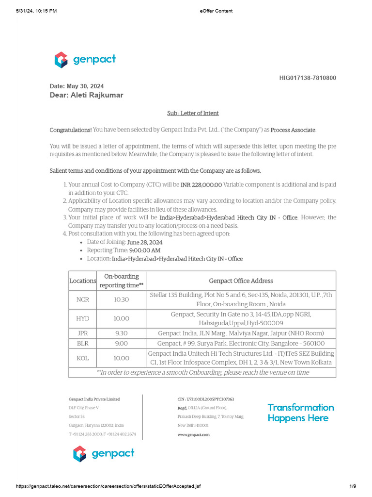 Genpact Eoffer Content Rajkumar | PDF | Life Insurance | Employment