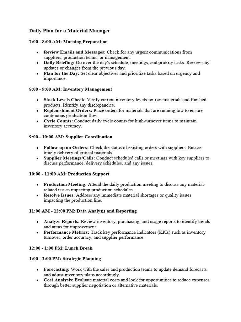 Daily Plan For A Material Manager | PDF | Inventory | Performance Indicator