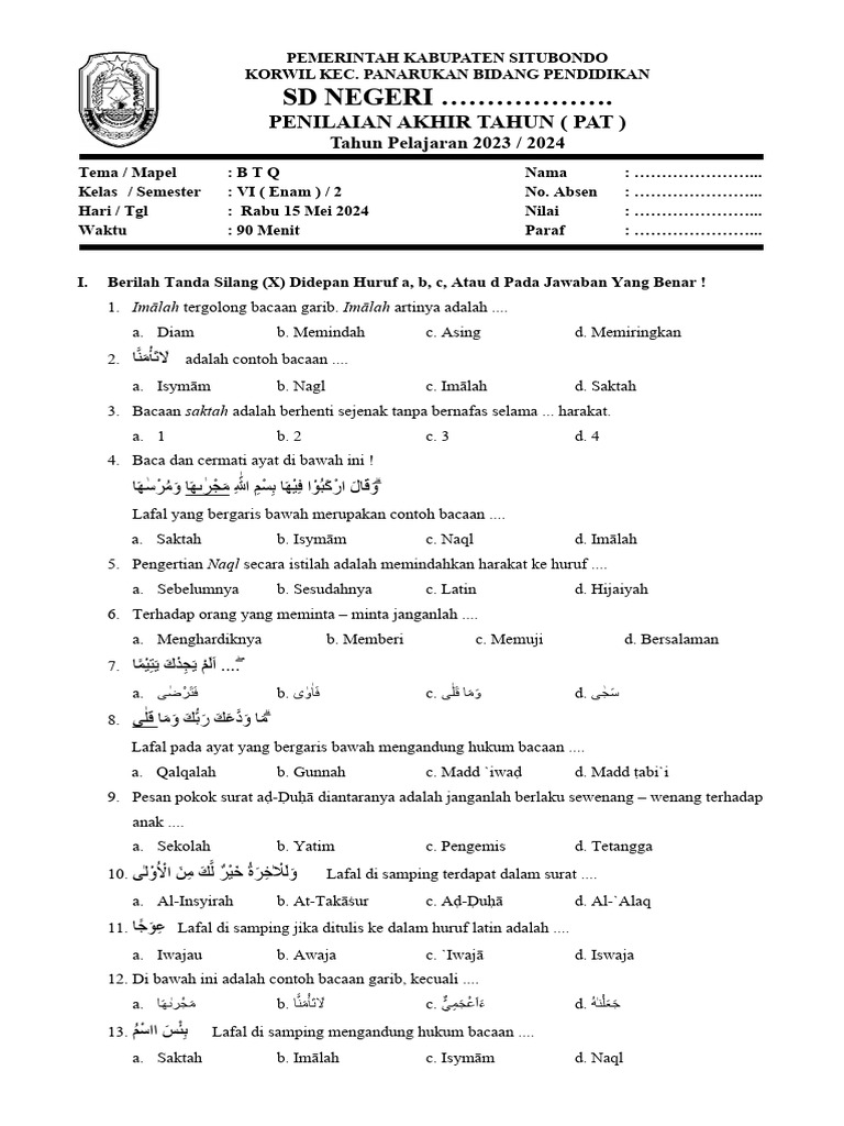 Soal BTQ Kelas 6 Pat Tapel 2023-2024 | PDF