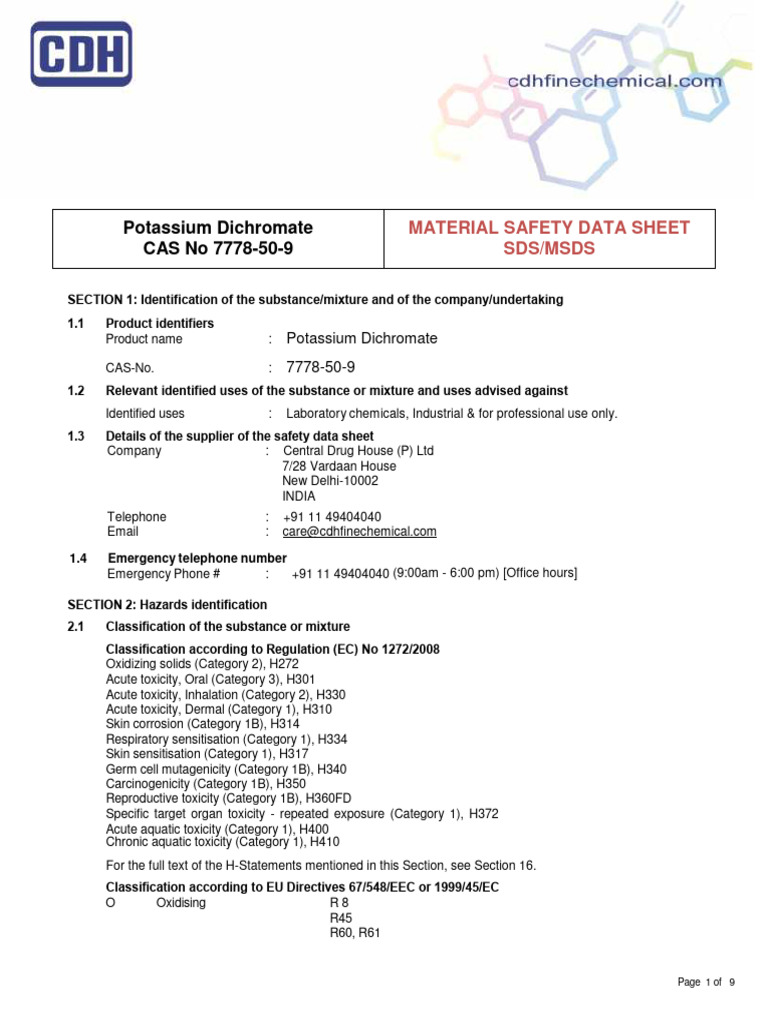 Potassium Dichromate CASNO 7778-50-9 MSDS | PDF | Toxicity ...